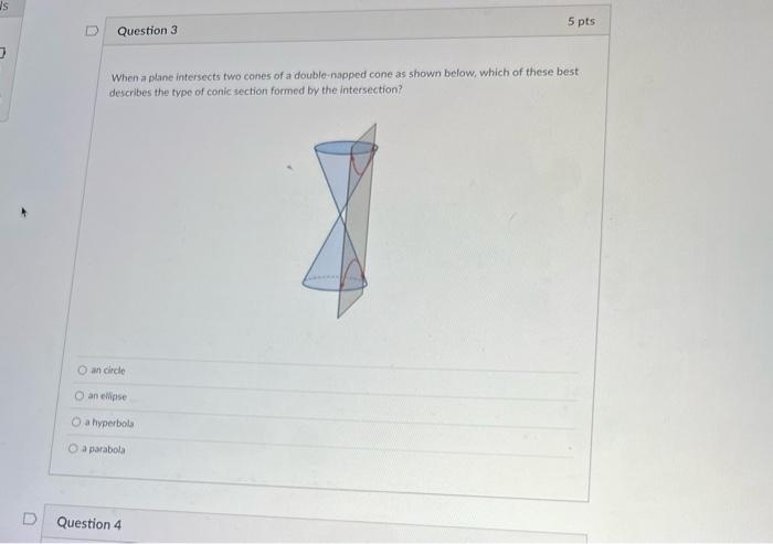 Solved s 5 pts Question 3 When a plane intersects two cones | Chegg.com Solved s 5 pts Question 3 When a plane intersects two cones | Chegg.com