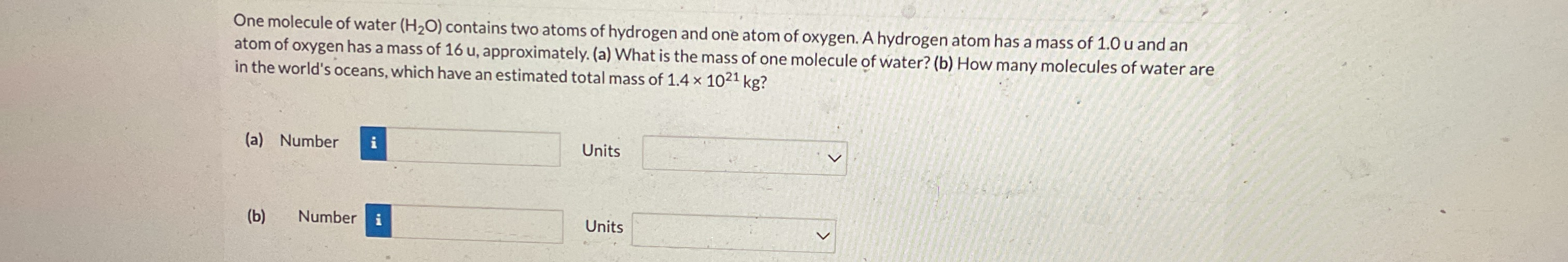 Solved One molecule of water (H2O) ﻿contains two atoms of | Chegg.com