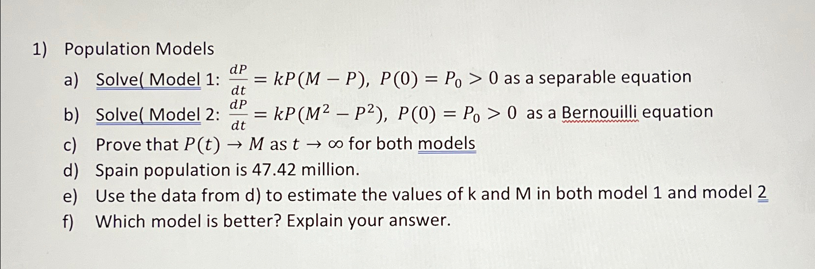 Solved Population Modelsa) ﻿Solve( ﻿Model 1: | Chegg.com
