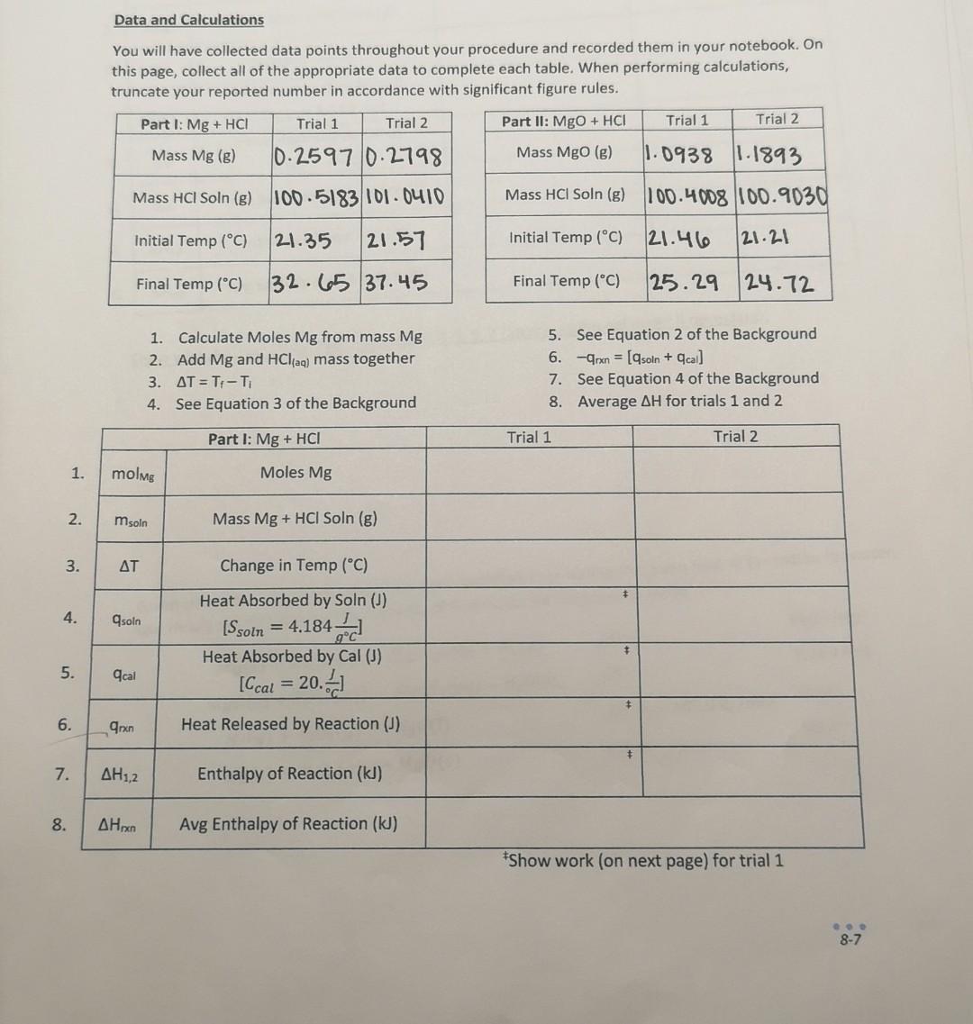 Solved Data and Calculations You will have collected data | Chegg.com
