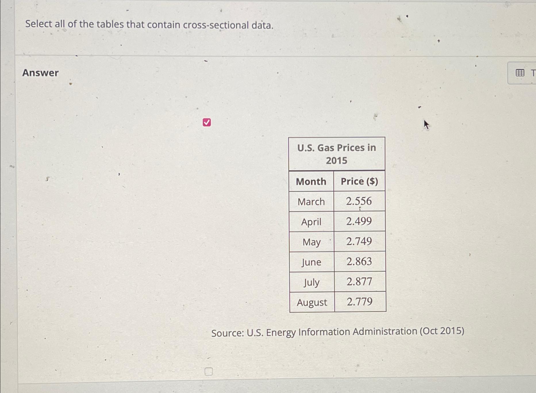 Solved Select all of the tables that contain cross-sectional | Chegg.com