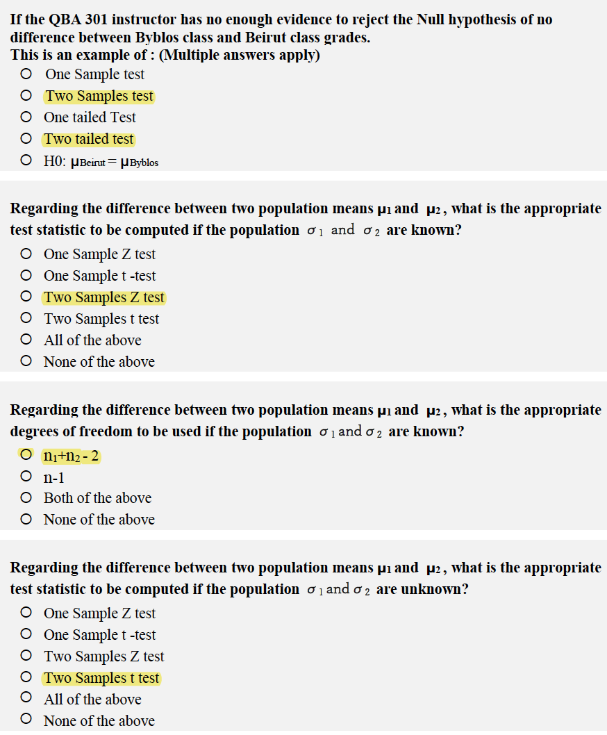 Solved If the QBA 301 ﻿instructor has no enough evidence to | Chegg.com