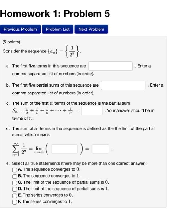 Solved (5 points) Consider the sequence {an}={2n1}. a. The | Chegg.com