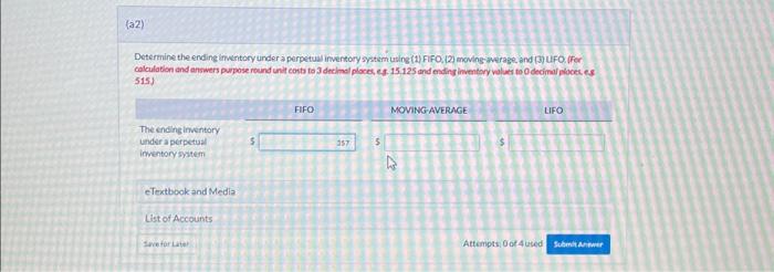 Solved (a2) Determine the ending inventory under a perpetual | Chegg.com