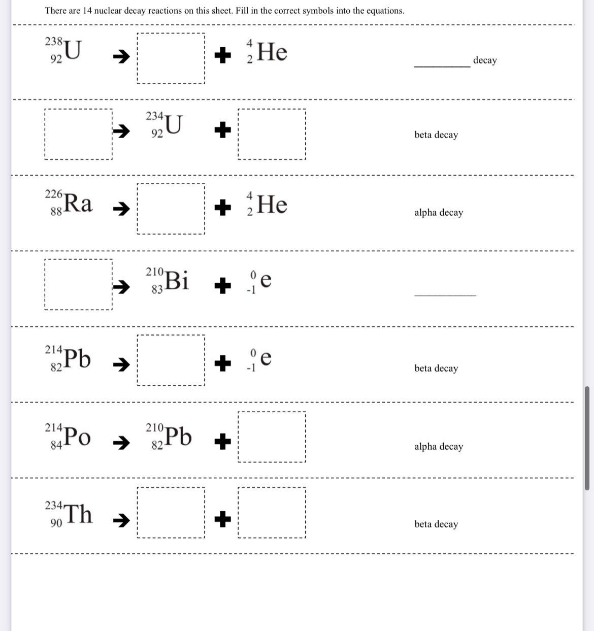 Solved There are 14 ﻿nuclear decay reactions on this sheet. | Chegg.com