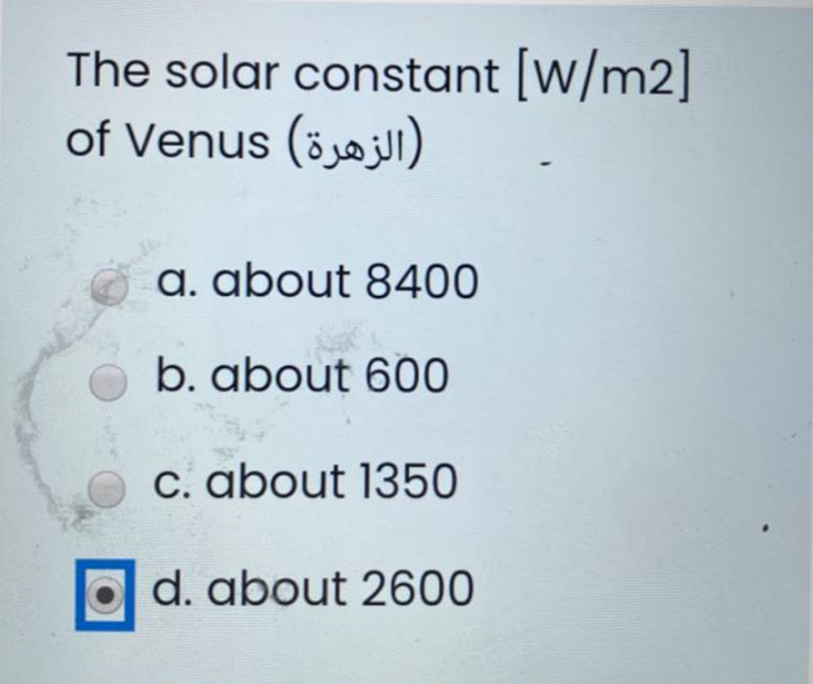 Solved The solar constant (w/m2] ) (الزهرة) of Venus a. | Chegg.com
