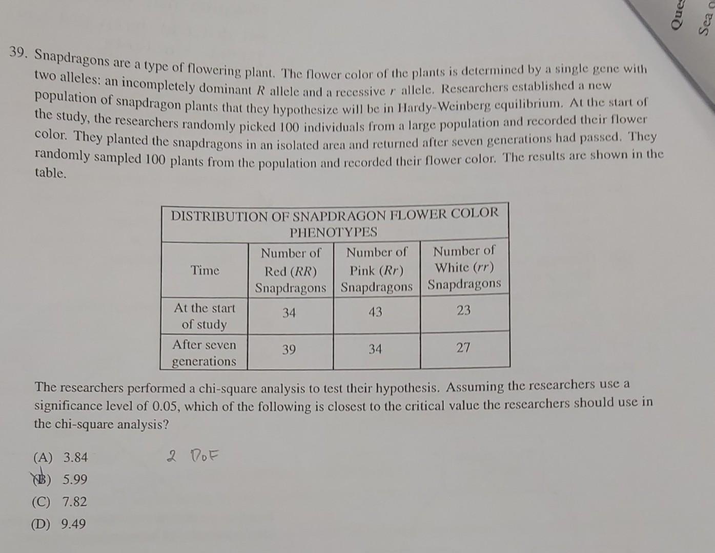 Solved 39. Snapdragons are a type of flowering plant. The | Chegg.com