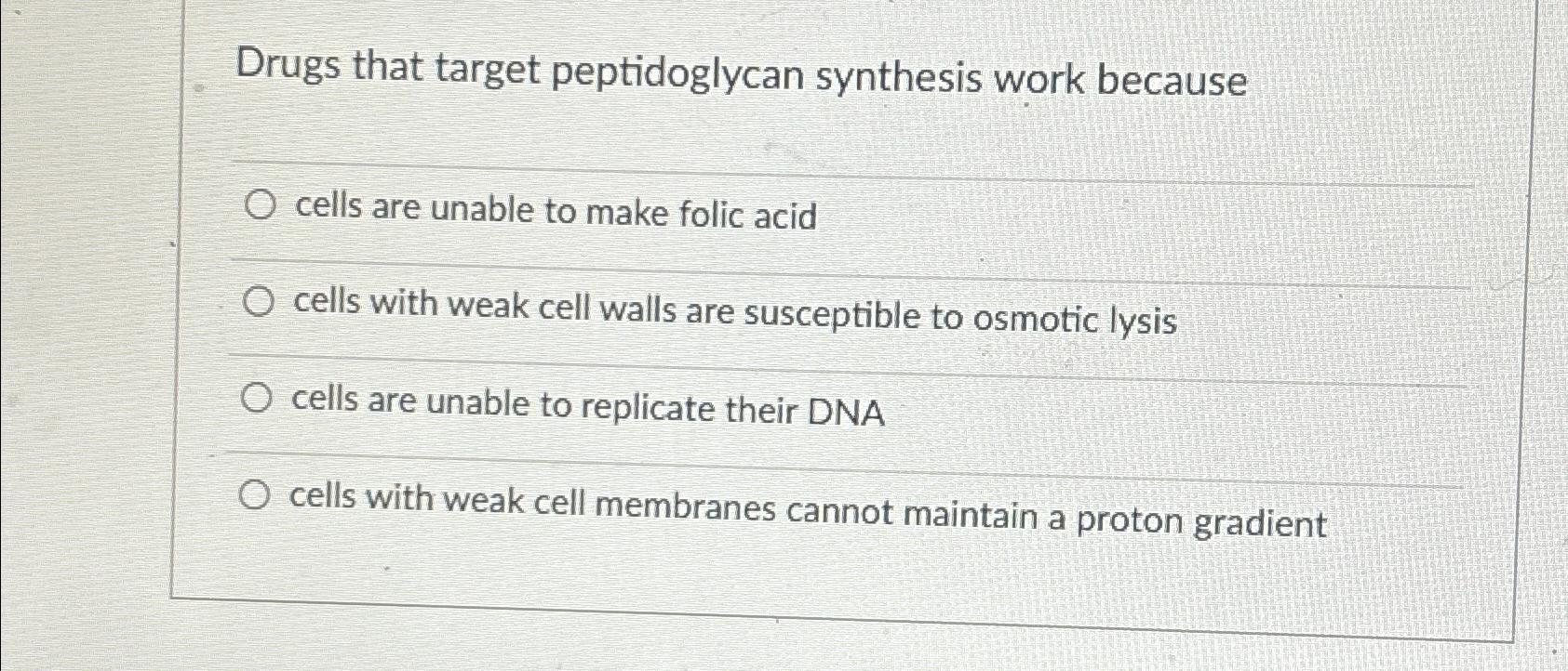 Solved Drugs that target peptidoglycan synthesis work | Chegg.com
