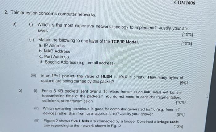 Solved COM1006 2. This question concerns computer networks. | Chegg.com