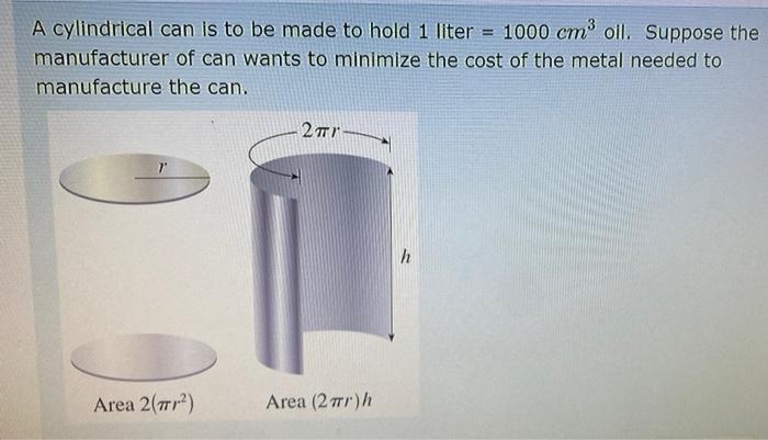 Solved A cylindrical can is to be made to hold 1 liter = | Chegg.com