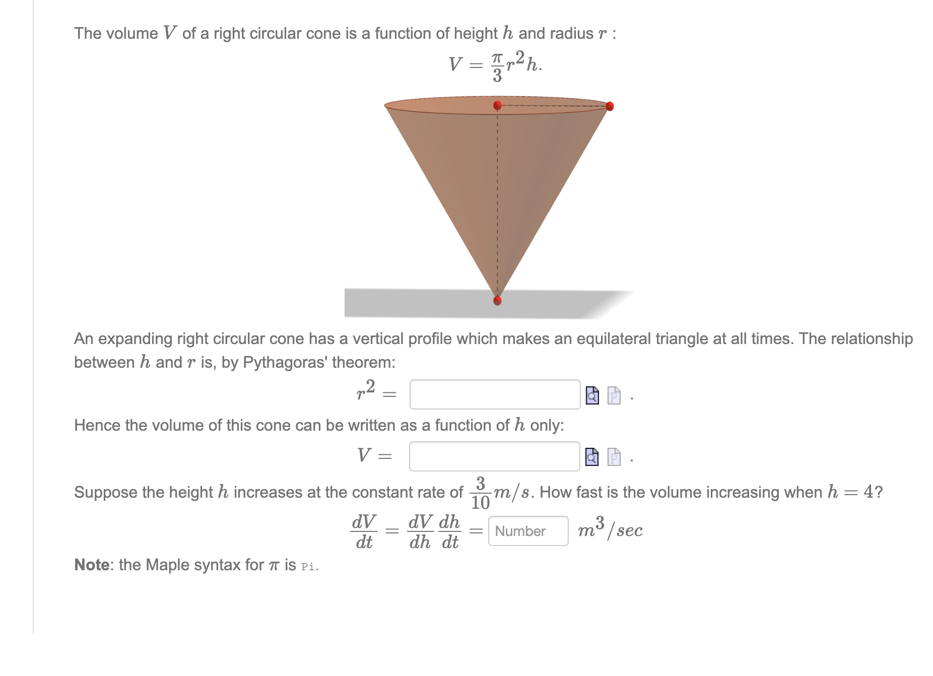 Solved The volume V ﻿of a right circular cone is a function | Chegg.com