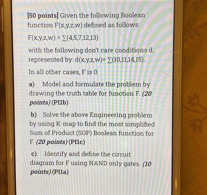 Solved = [50 points) Given the following Boolean function | Chegg.com