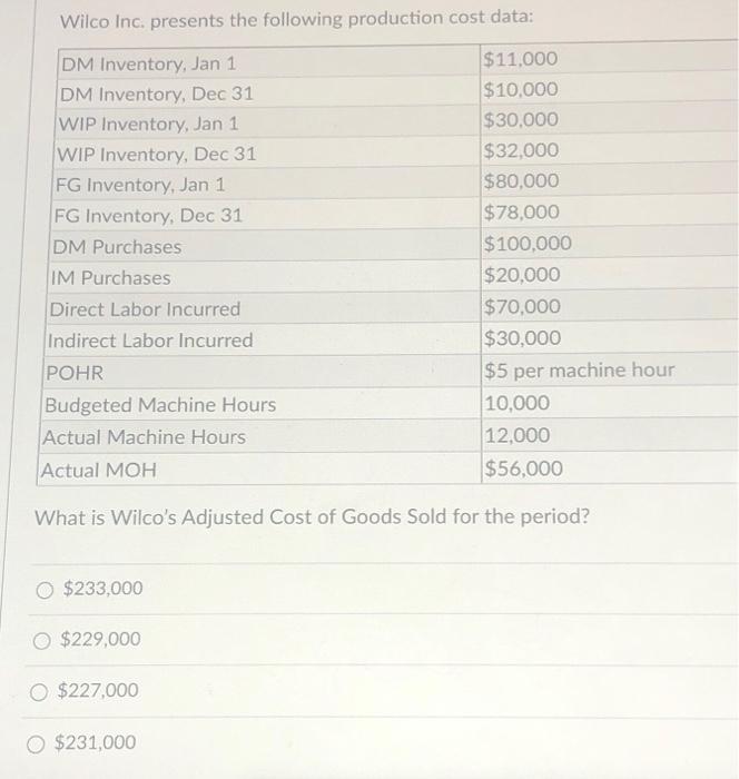 Solved Wilco Inc. presents the following production cost | Chegg.com