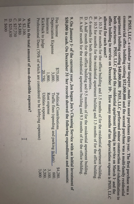 Solved 8. PS55, LLC, a calendar year taxpayer, made two | Chegg.com