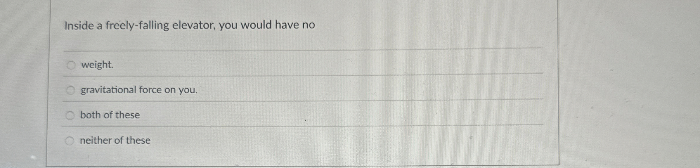 Solved Inside a freely-falling elevator, you would have | Chegg.com