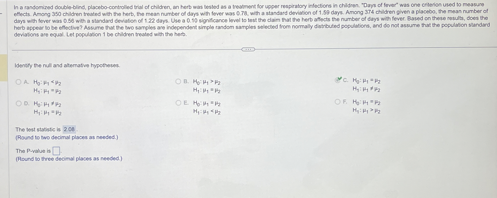 Solved In a randomized double-blind, placebo-controlled | Chegg.com