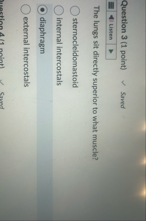 Solved Question 3 (1 ﻿point) ﻿SavedThe lungs sit directly | Chegg.com