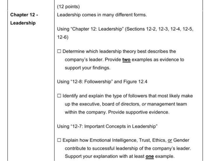 Solved (12 points) Leadership comes in many different forms. | Chegg.com