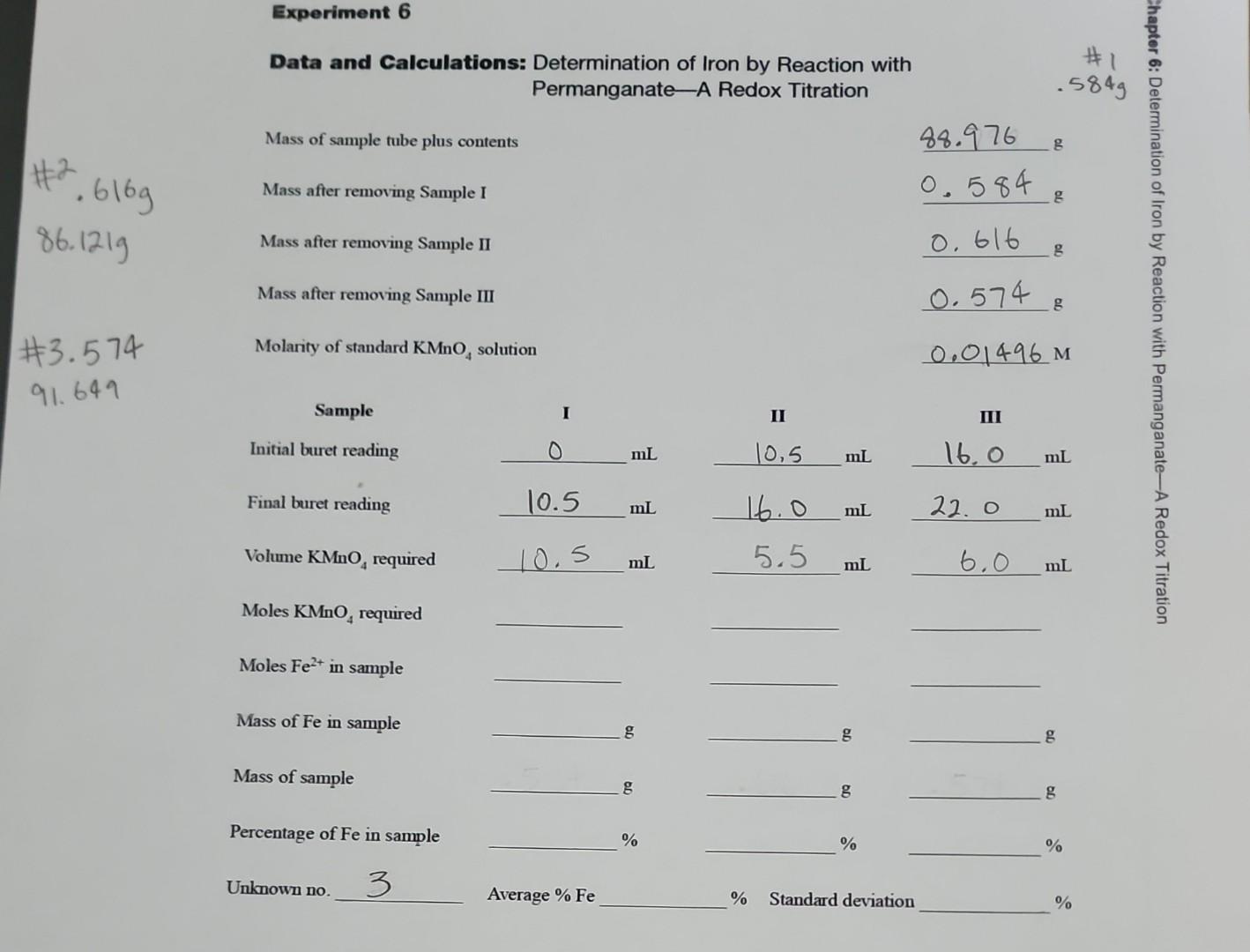 Data and Calculations: Determination of Iron by | Chegg.com