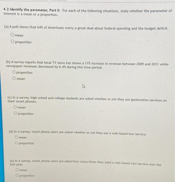 Solved 4.2 Identify the parameter, Part II: For each of the | Chegg.com