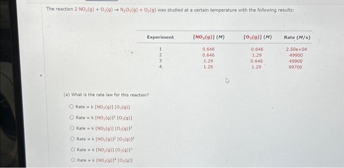 Solved The reaction 2NO2(g)+O3(g)→N2O5(g)+O2(g) was studied | Chegg.com