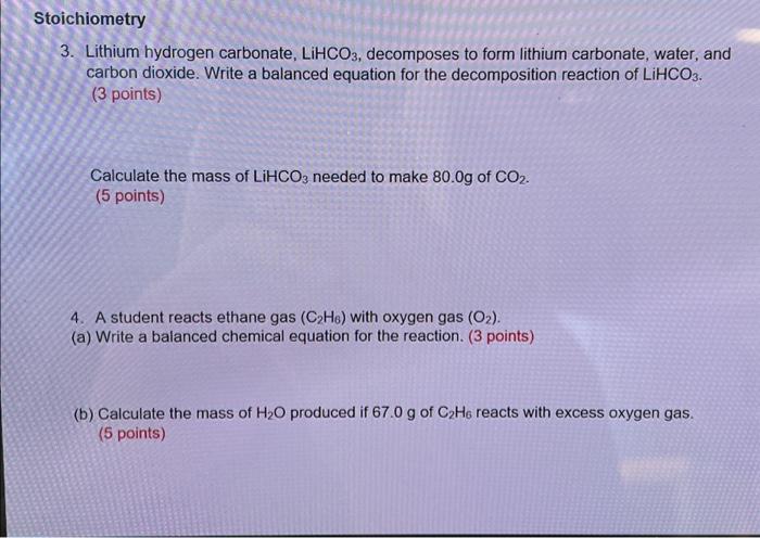Solved Stoichiometry 3. Lithium hydrogen carbonate, LiHCO3, | Chegg.com