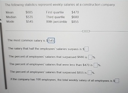 Solved The following statistics represent weekly salaries at | Chegg.com