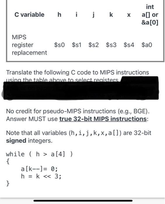 Solved C variable h i j k x int a[] or &a[0] MIPS register | Chegg.com