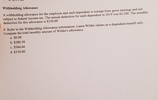Solved Withholding Allowance A withholding allowance for the | Chegg.com