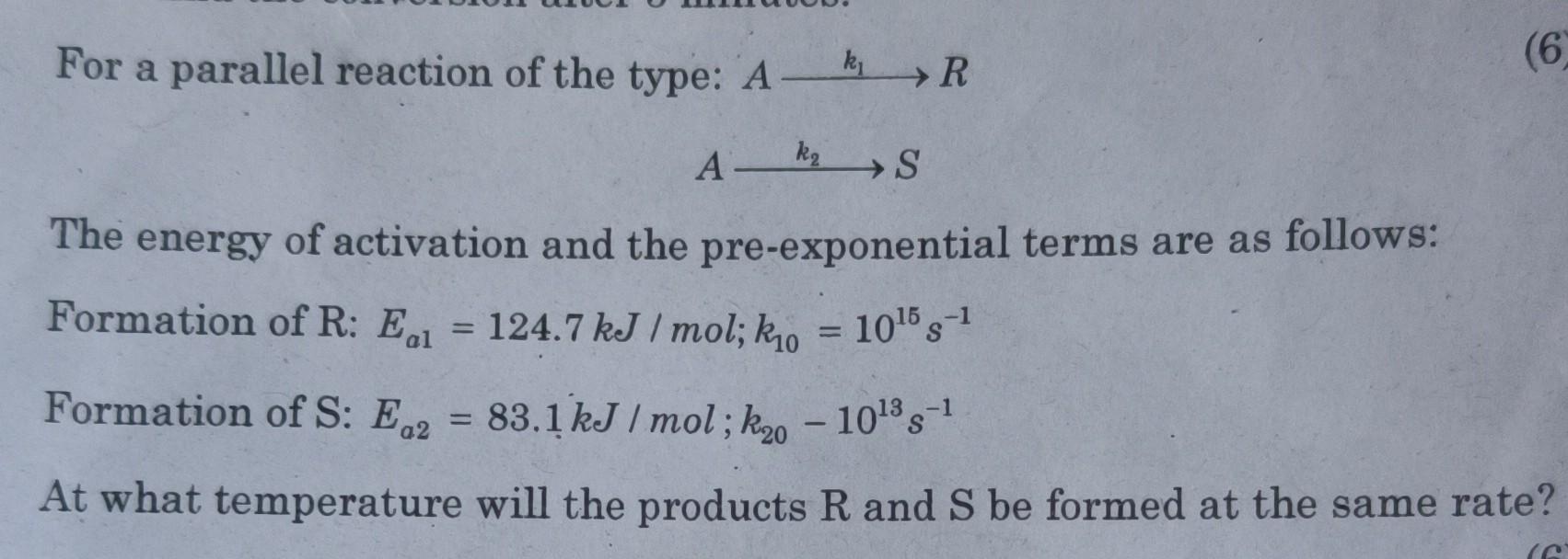 Solved For a parallel reaction of the type: A k1R (6 A k2S | Chegg.com