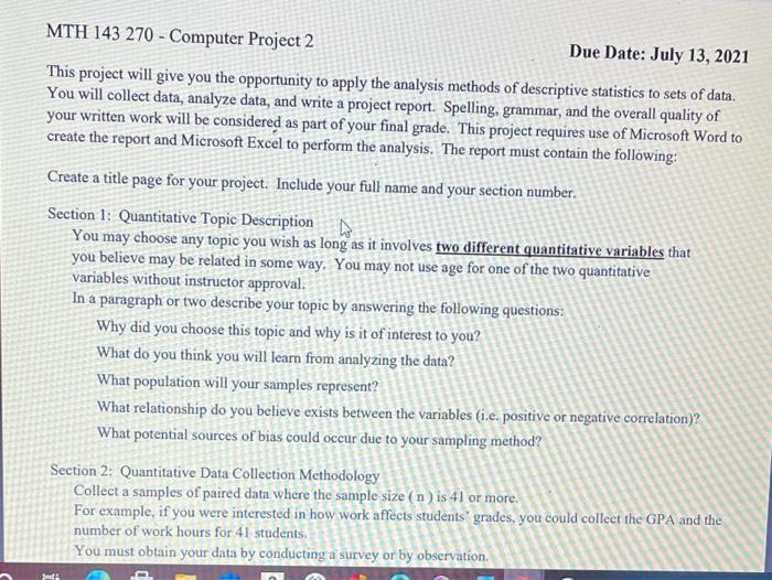 MTH 143 270 - Computer Project 2 Due Date: July 13, | Chegg.com