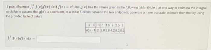 Solved (1 point) Estimate ∫03f(x)g′(x)dx if f(x)=x3 and g(x) | Chegg.com