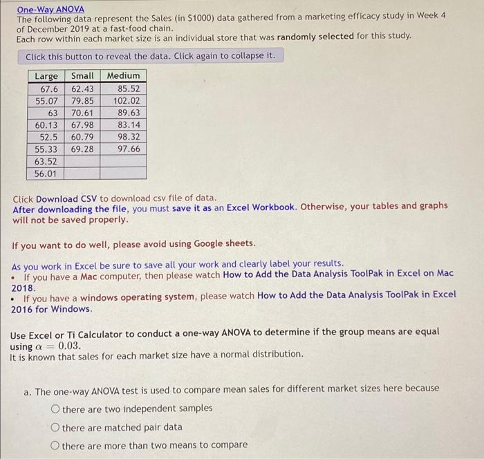 Solved One-Way ANOVA The following data represent the Sales | Chegg.com