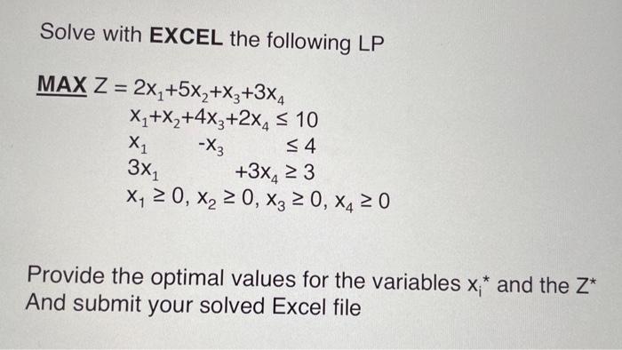 Solved Solve with EXCEL the following LP MAX Z | Chegg.com