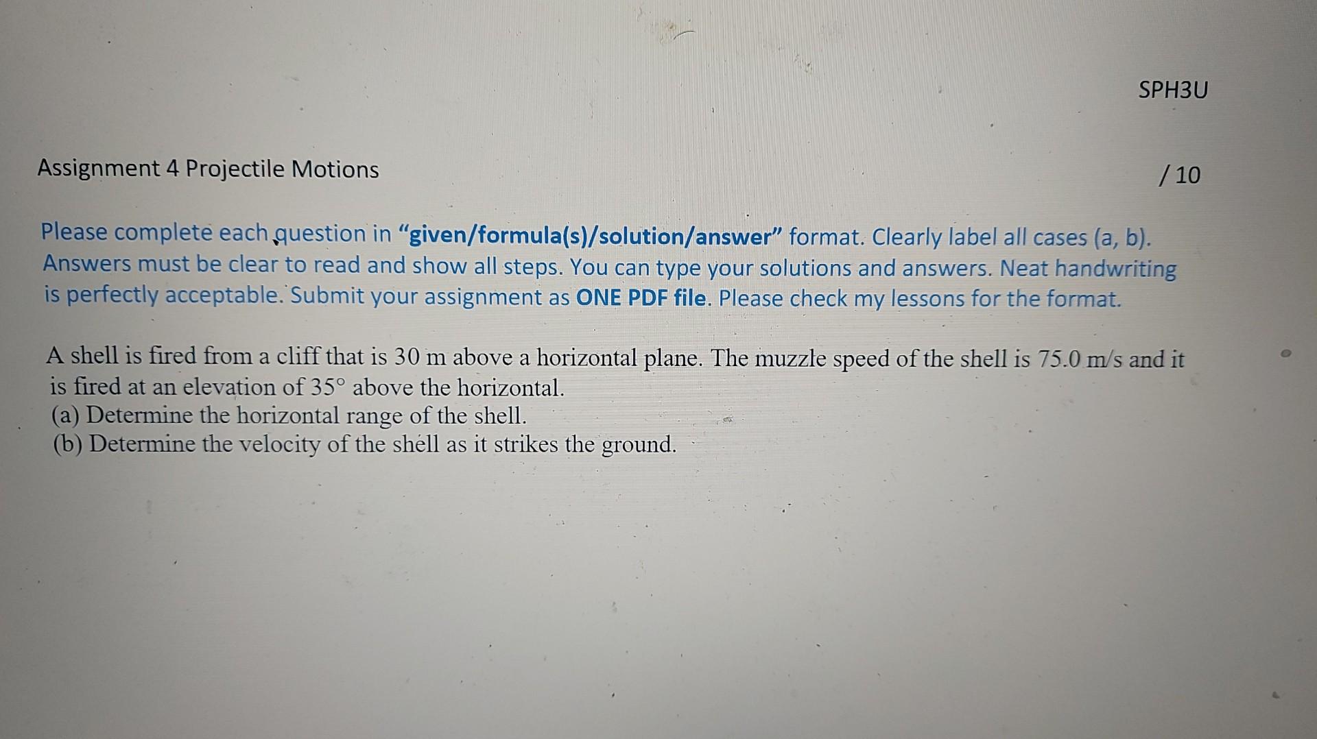 Solved Assignment 4 Projectile Motions /10 Please complete | Chegg.com