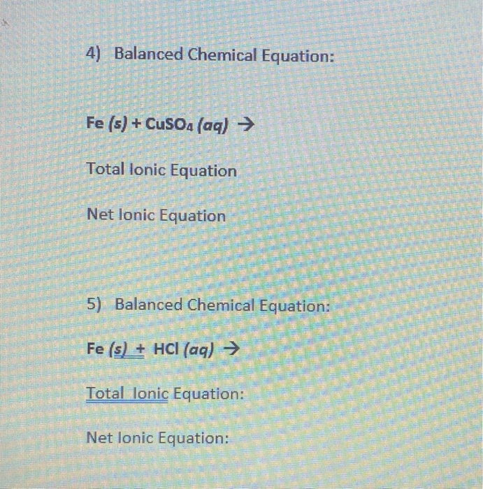 Solved 4) Balanced Chemical Equation: Fe (s) + CuSO4 (aq) → | Chegg.com
