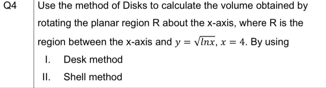Solved Q4 ﻿Use the method of Disks to calculate the volume | Chegg.com