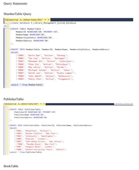 Solved Query Statements MemberTable Query |SQuQuery1sq) - | Chegg.com