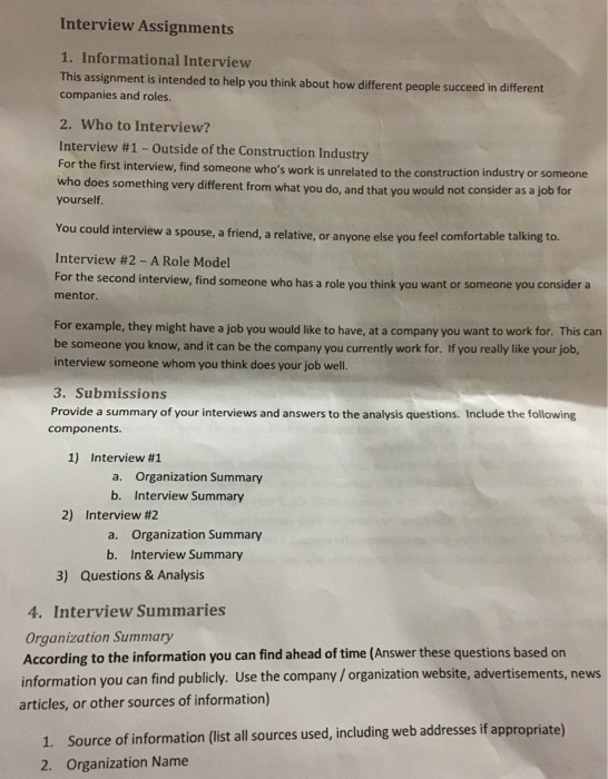 Interview Assignments 1. Informational Interview This | Chegg.com