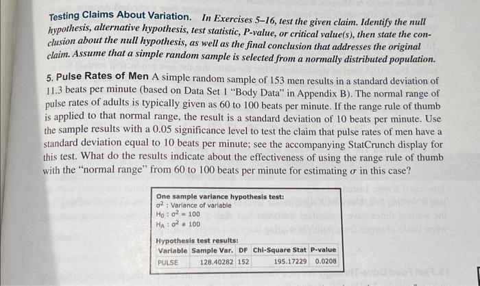 Solved Testing Claims About Variation. In Exercises 5-16, | Chegg.com