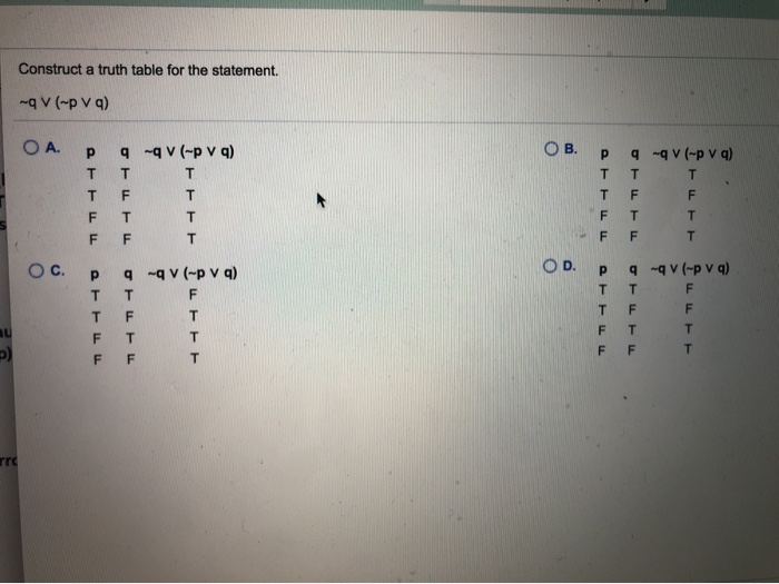 Solved Construct a truth table for the statement. - V(-p Va) | Chegg.com