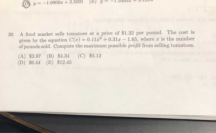 Solved () y = -1 (D y = -1.0909x + 3.5091 30. A food market | Chegg.com