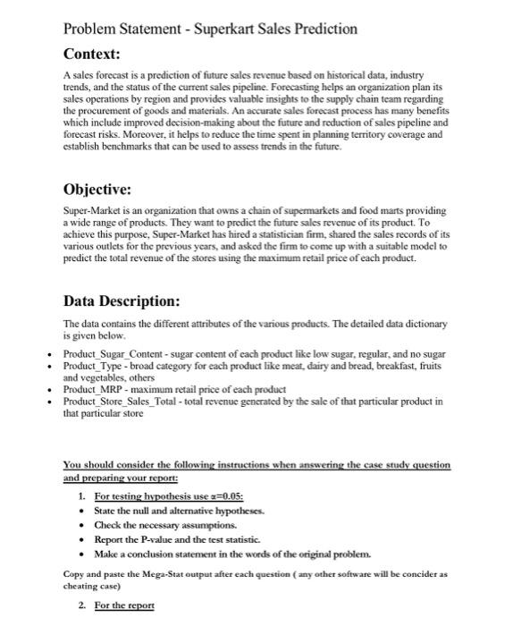 Solved Problem Statement - Superkart Sales Prediction | Chegg.com