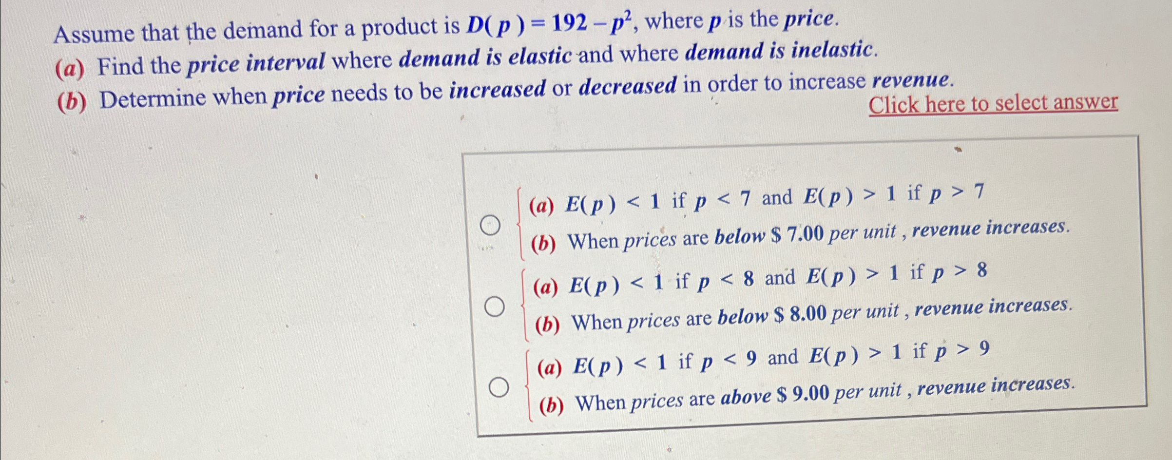Solved Assume that the demand for a product is D(p)=192-p2, | Chegg.com