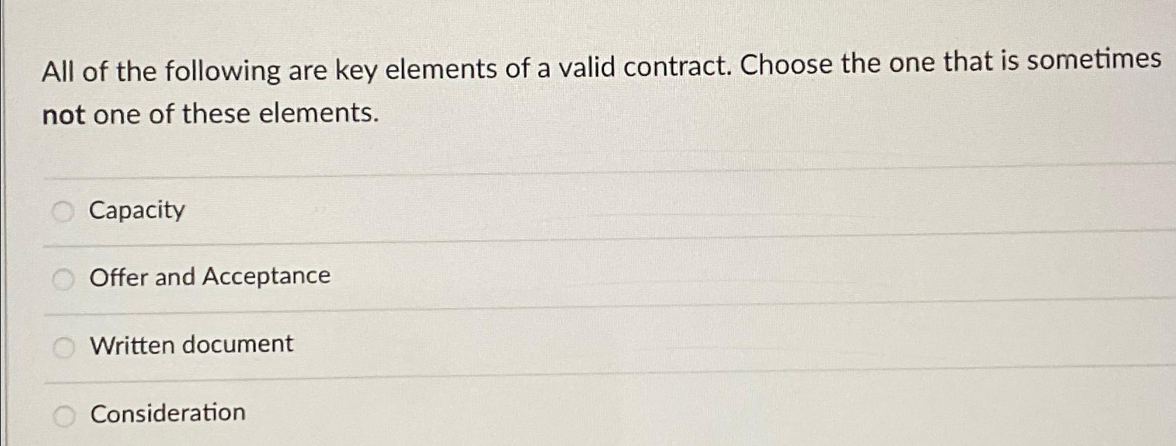 Solved All of the following are key elements of a valid | Chegg.com