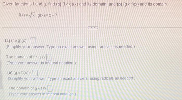 Solved Given functions f and g, find (a)(f∘g)(x) and its | Chegg.com