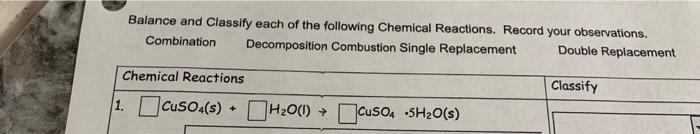 Solved Balance and Classify each of the following Chemical | Chegg.com