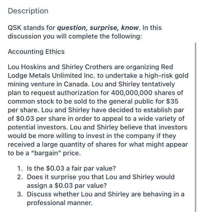 Solved Description QSK stands for question, surprise, know. | Chegg.com