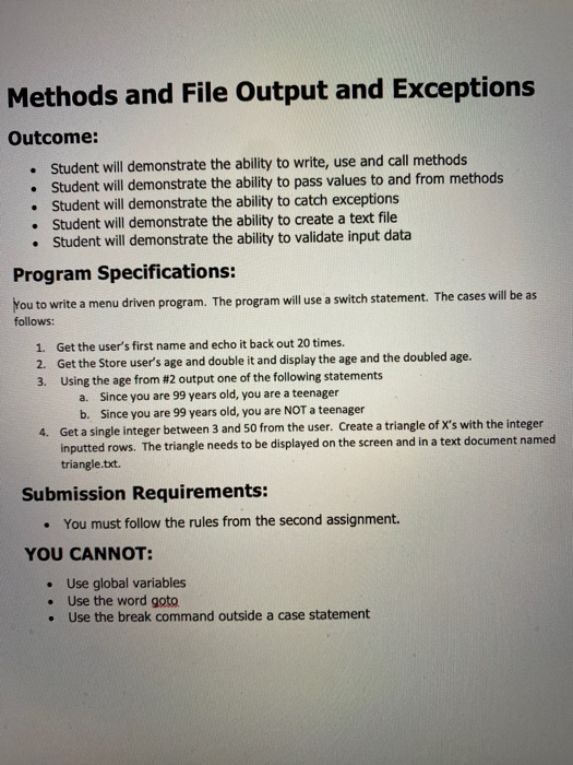 Solved Methods and File Output and Exceptions . . Outcome: | Chegg.com