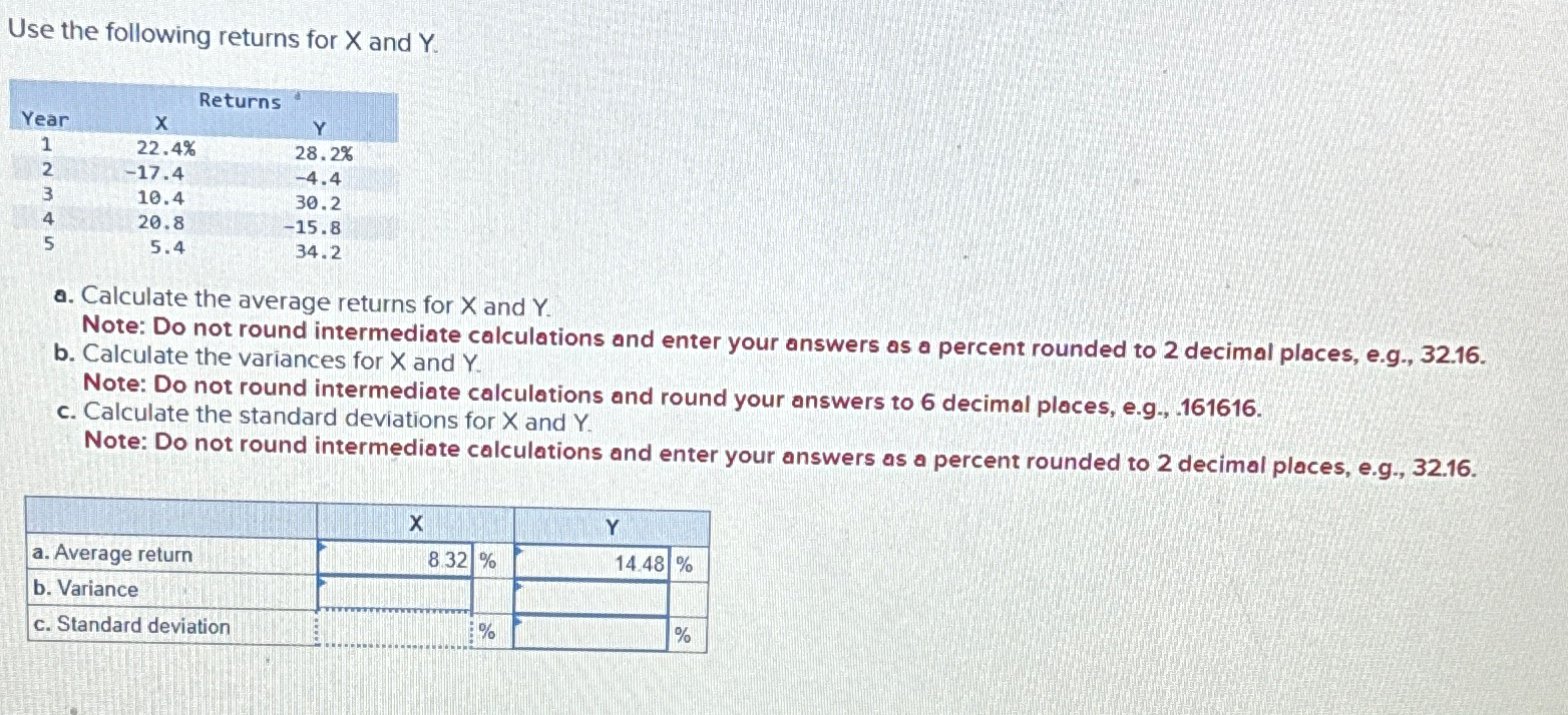Solved Use the following returns for x ﻿and | Chegg.com